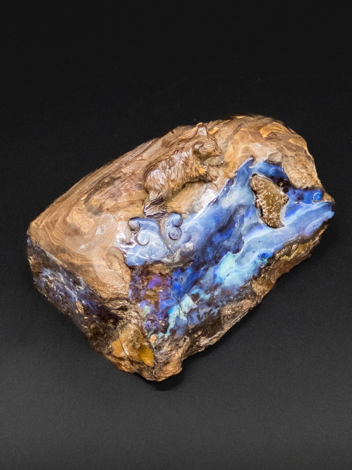 Blue Opal Carving: Boulder Opal Carving of a Bear Hunting Fish