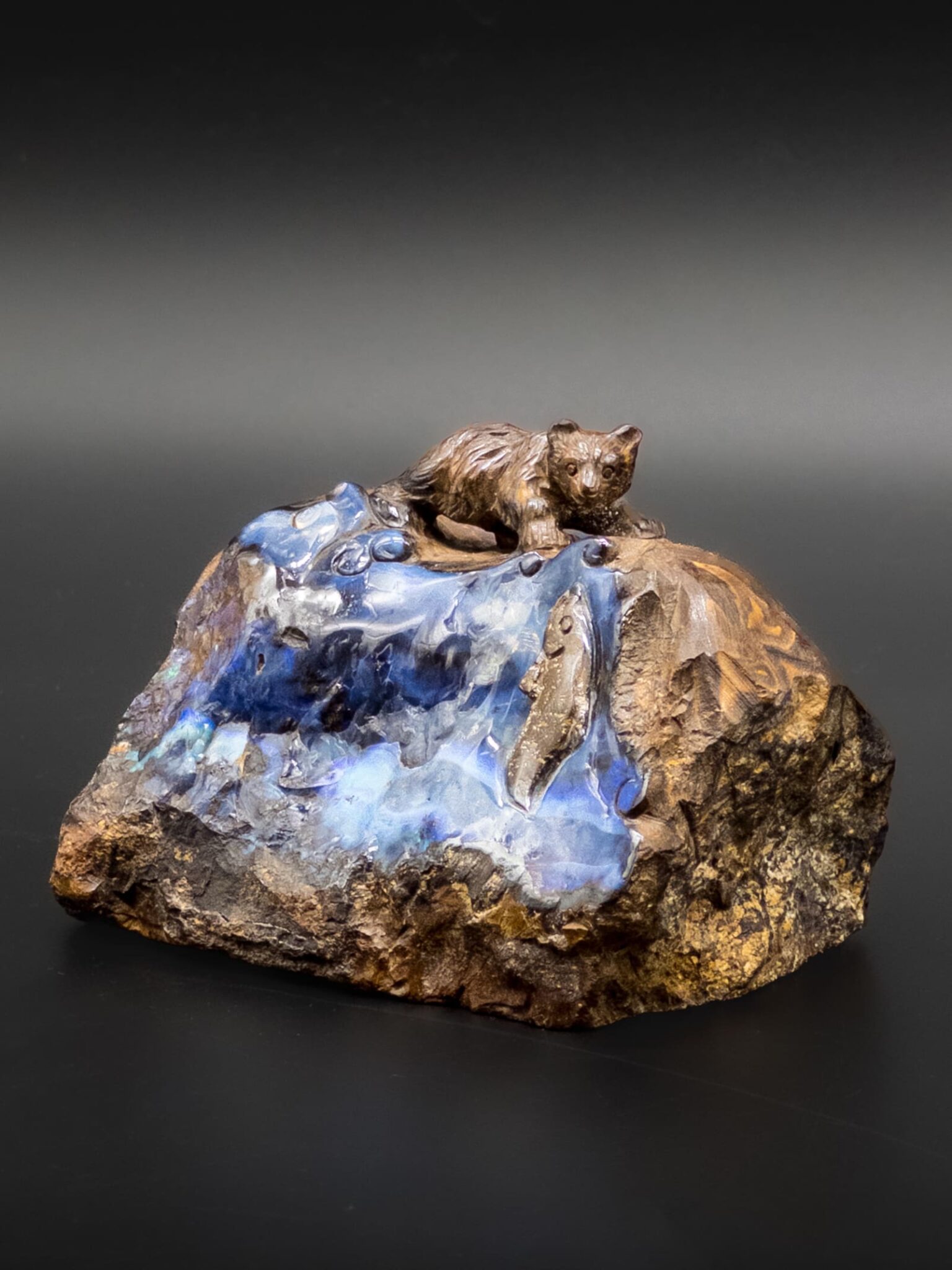 Blue Opal Carving: Boulder Opal Carving of a Bear Hunting Fish
